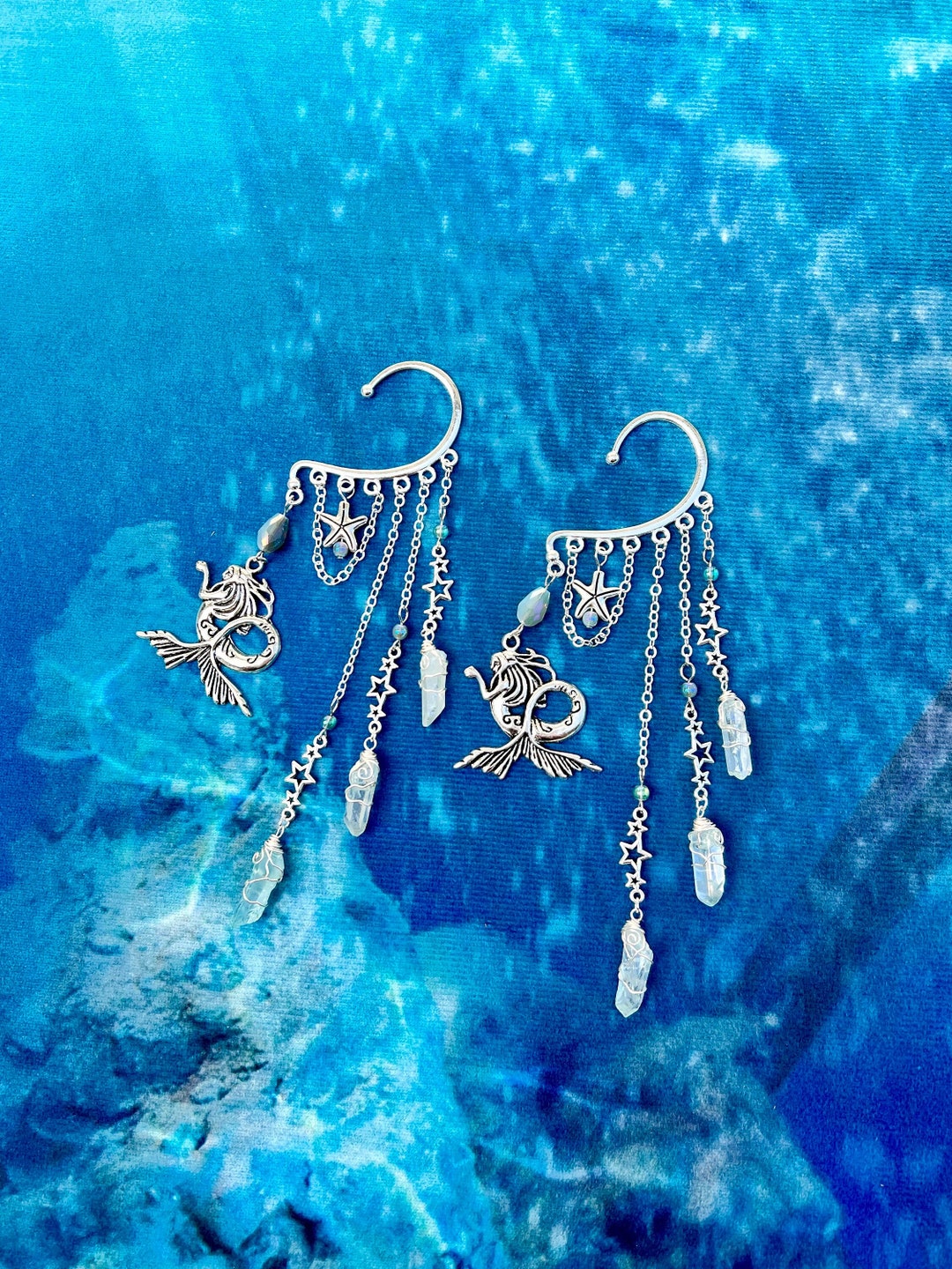 Mermaid Ear Cuff: Quartz Crystal, Silver Sea Siren, No Piercing Earring ...