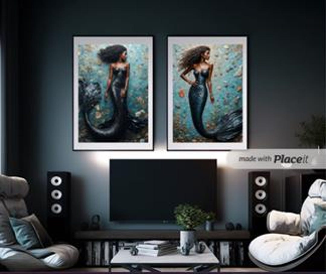 Printable Black Elegance Demure Mermaid Duo, 2 High Resolution PNG, Art ...