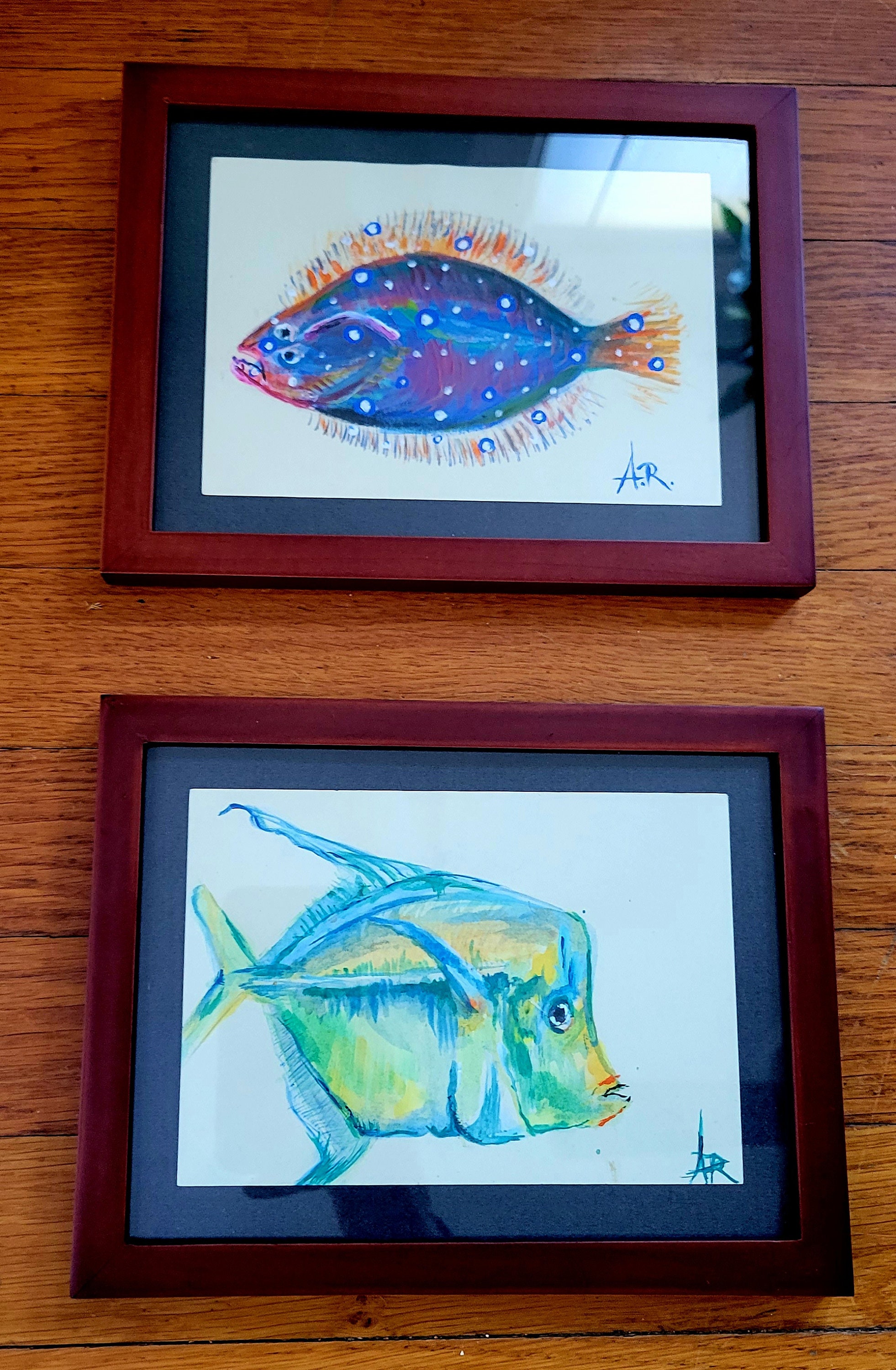 Original Colorful Flounder and Look-down Fish Painting SET (framed) - Etsy