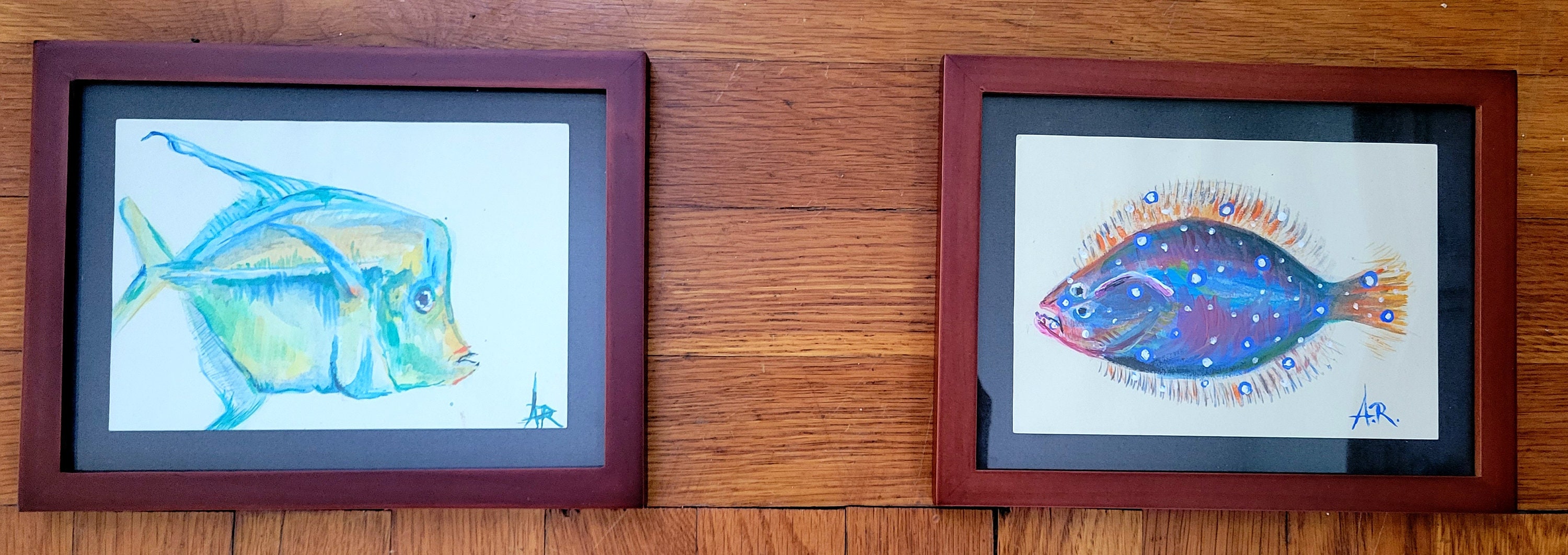 Original Colorful Flounder and Look-down Fish Painting SET (framed) - Etsy