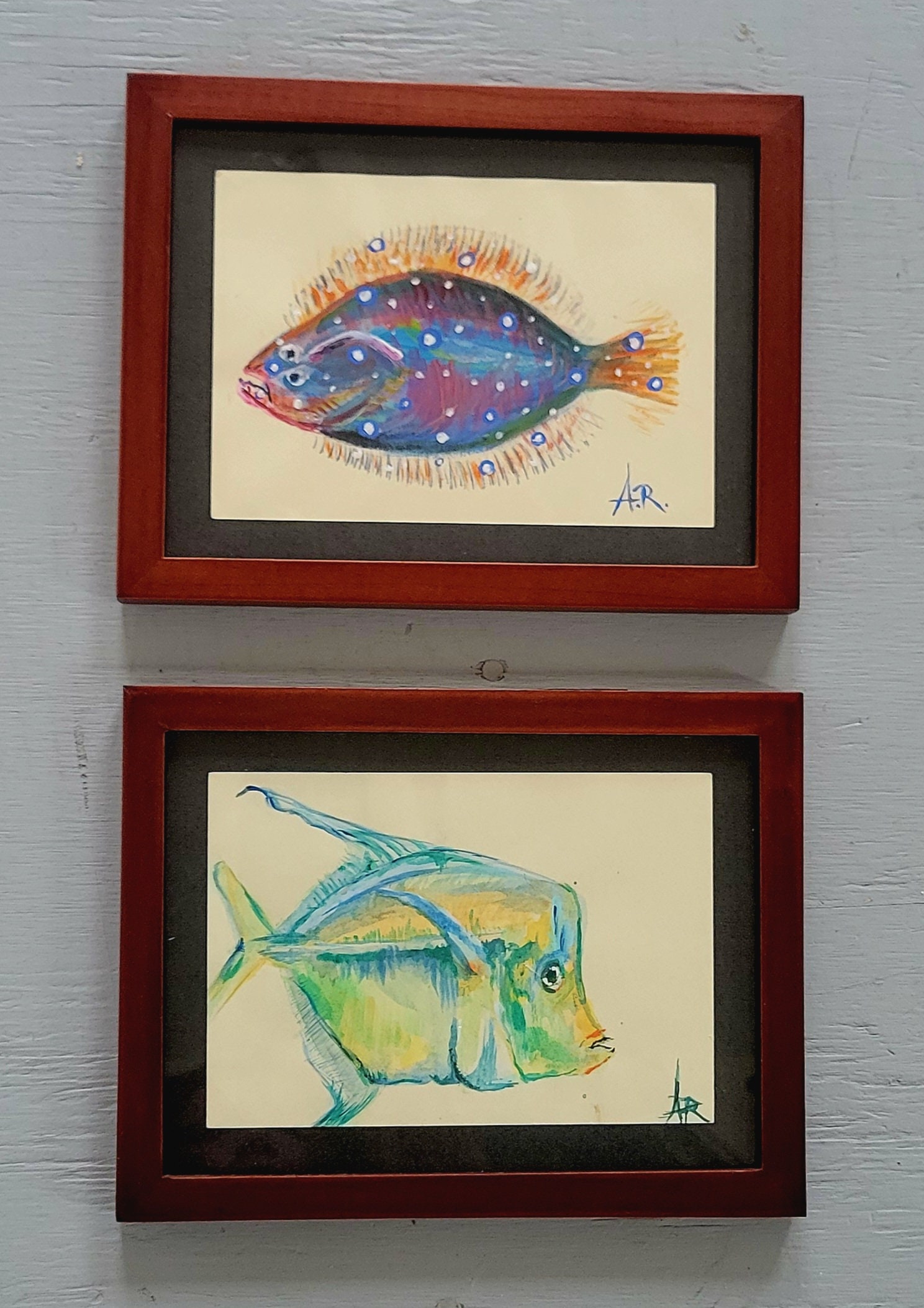 Original Colorful Flounder and Look-down Fish Painting SET (framed) - Etsy