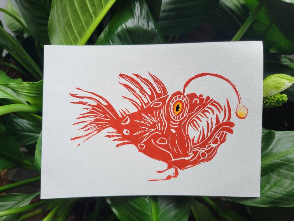 Deep Sea Anglerfish Handmade Linoleum Prints | Etsy