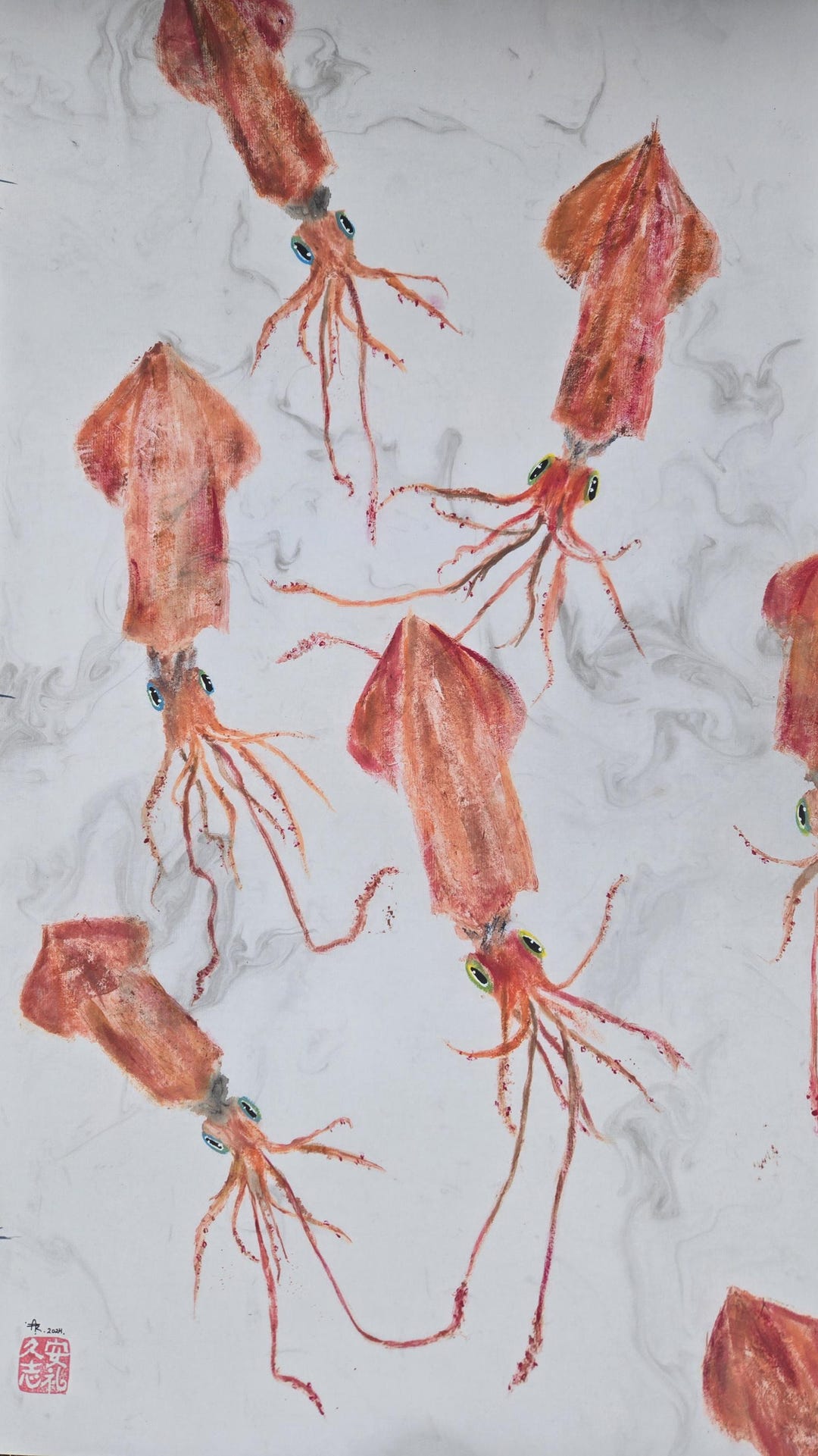 Squid School Gyotaku, Orange Schooling Squid Fish Print - Etsy