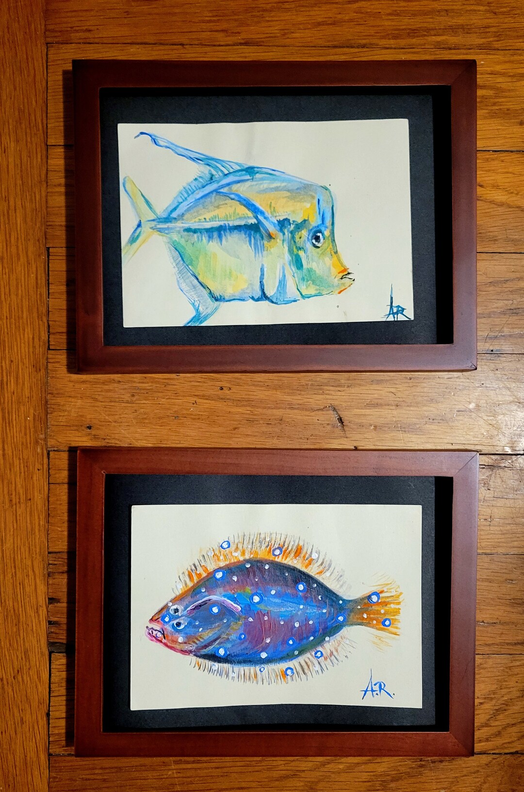 Original Colorful Flounder and Look-down Fish Painting SET (framed) - Etsy