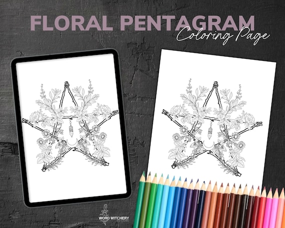 Floral Pentagram Coloring Page Digital Download Printable | Etsy