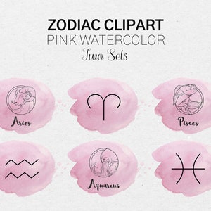 Zodiac Clipart, Two Sets, Pink Watercolor, Transparent Background, PNG ...
