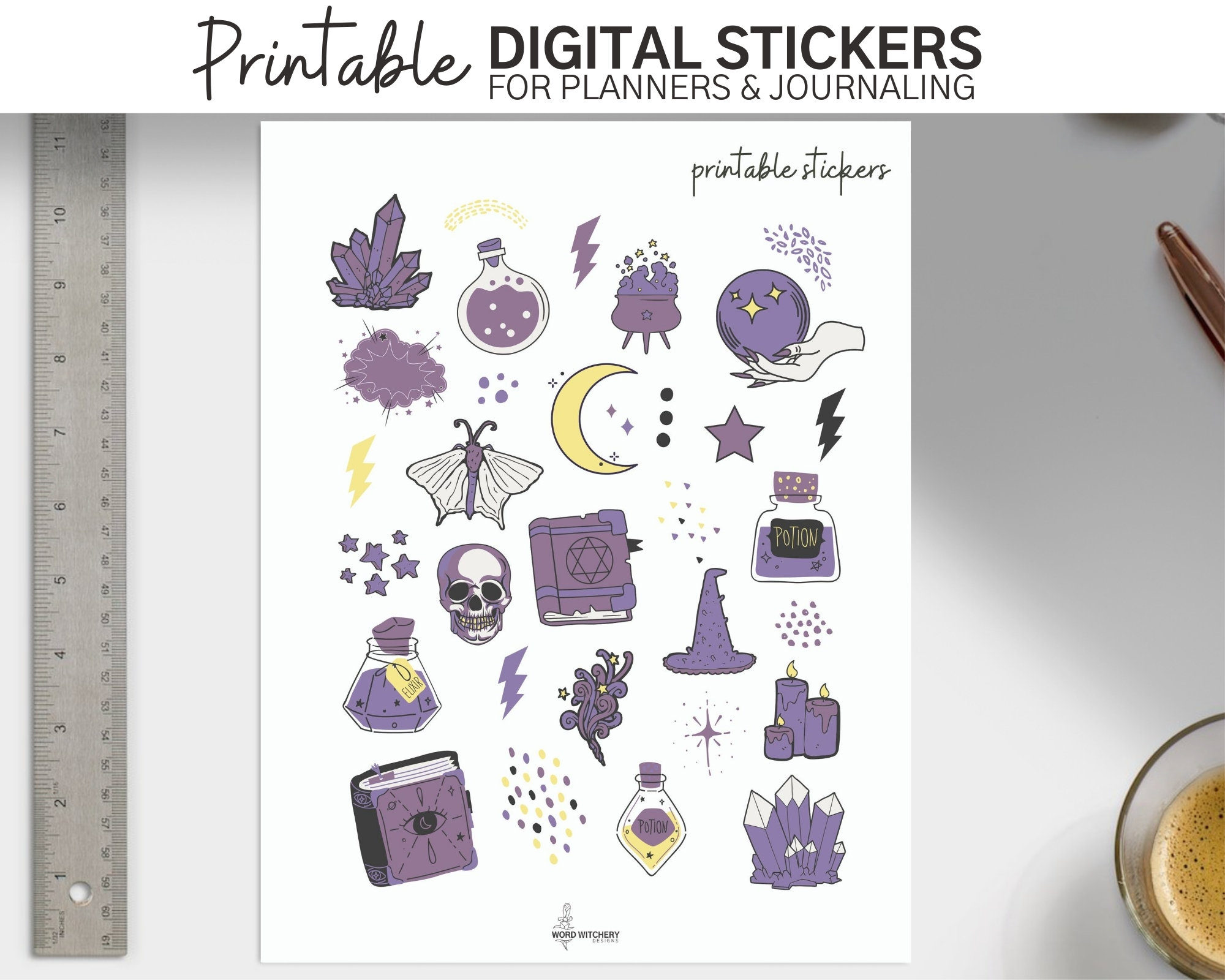 Witchy Printable Planner Stickers Bullet Journal Art | Etsy