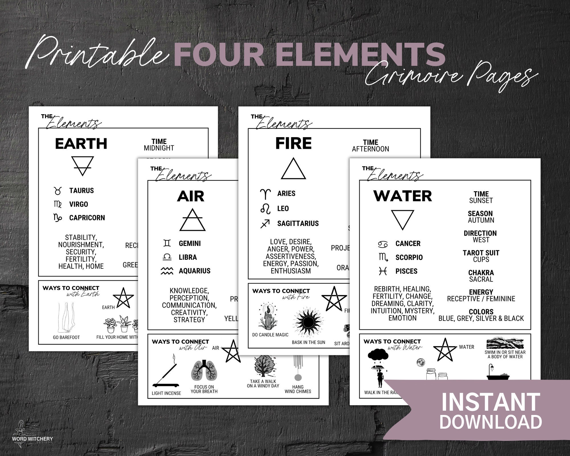 The Four Elements - Printable Grimoire Pages, Book of Shadow Pages ...