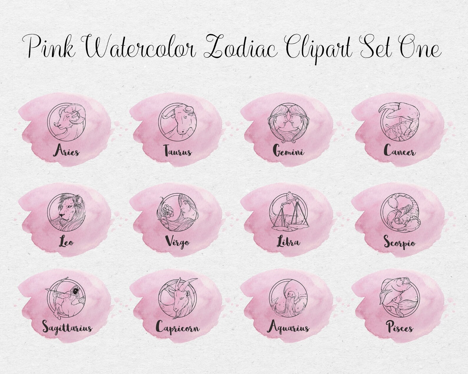 Zodiac Clipart Two Sets Pink Watercolor Transparent - Etsy