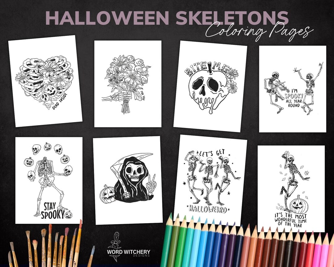 Halloween Skeleton Coloring Pages - Digital Download - Printable Adult ...
