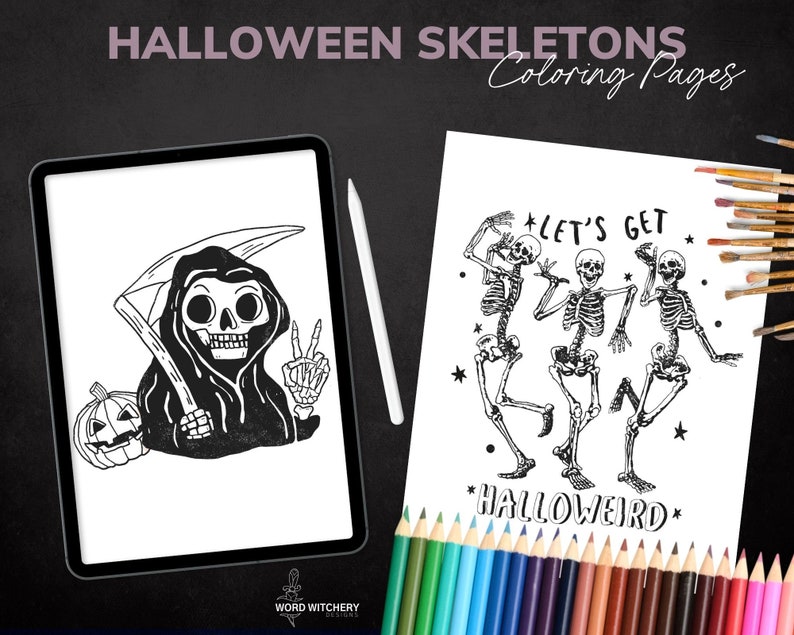 Halloween Skeleton Coloring Pages - Digital Download - Printable Adult ...