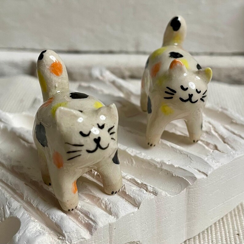 Handmade Striped Spotted Ceramic Cat Figurine – Cute Cat Sculpture, Cat ...