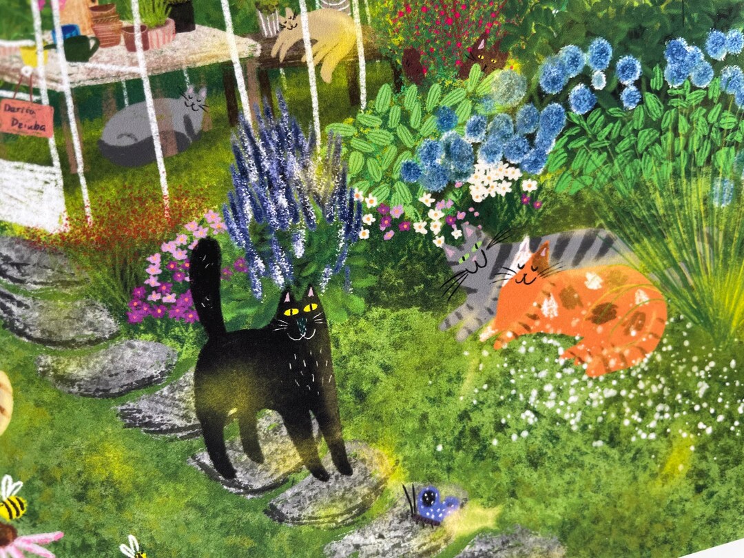Cat Art Print: Cats in Garden With Flowers, Trees, Bees, Butterflies ...