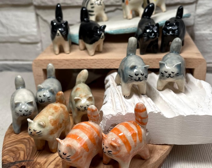 Handmade Striped Spotted Ceramic Cat Figurine – Cute Cat Sculpture, Cat ...