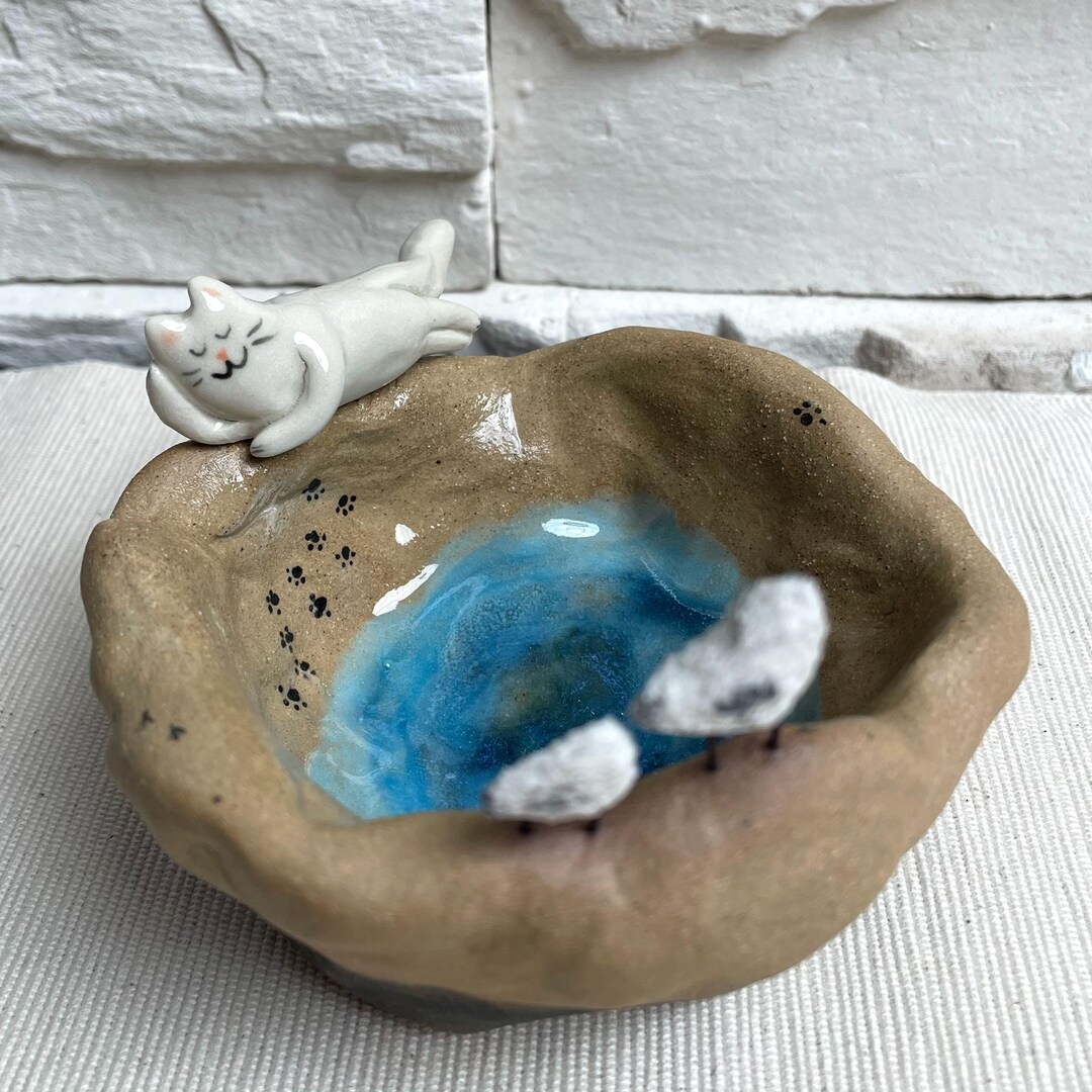 Handmade Cat and Bird Ceramic Bowl – Ocean Glaze Pottery Dish ...