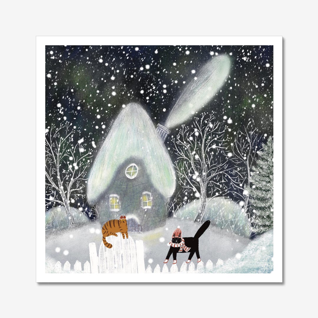 Cat Art Print: Near Winter Cottage - Etsy