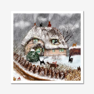 Cat Art Print: Winter Cottage - Etsy