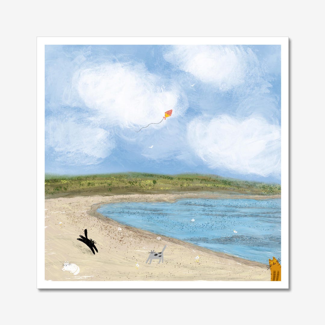 Unframed Cat Art Print: Cats Flying a Kite at a Beach - Etsy