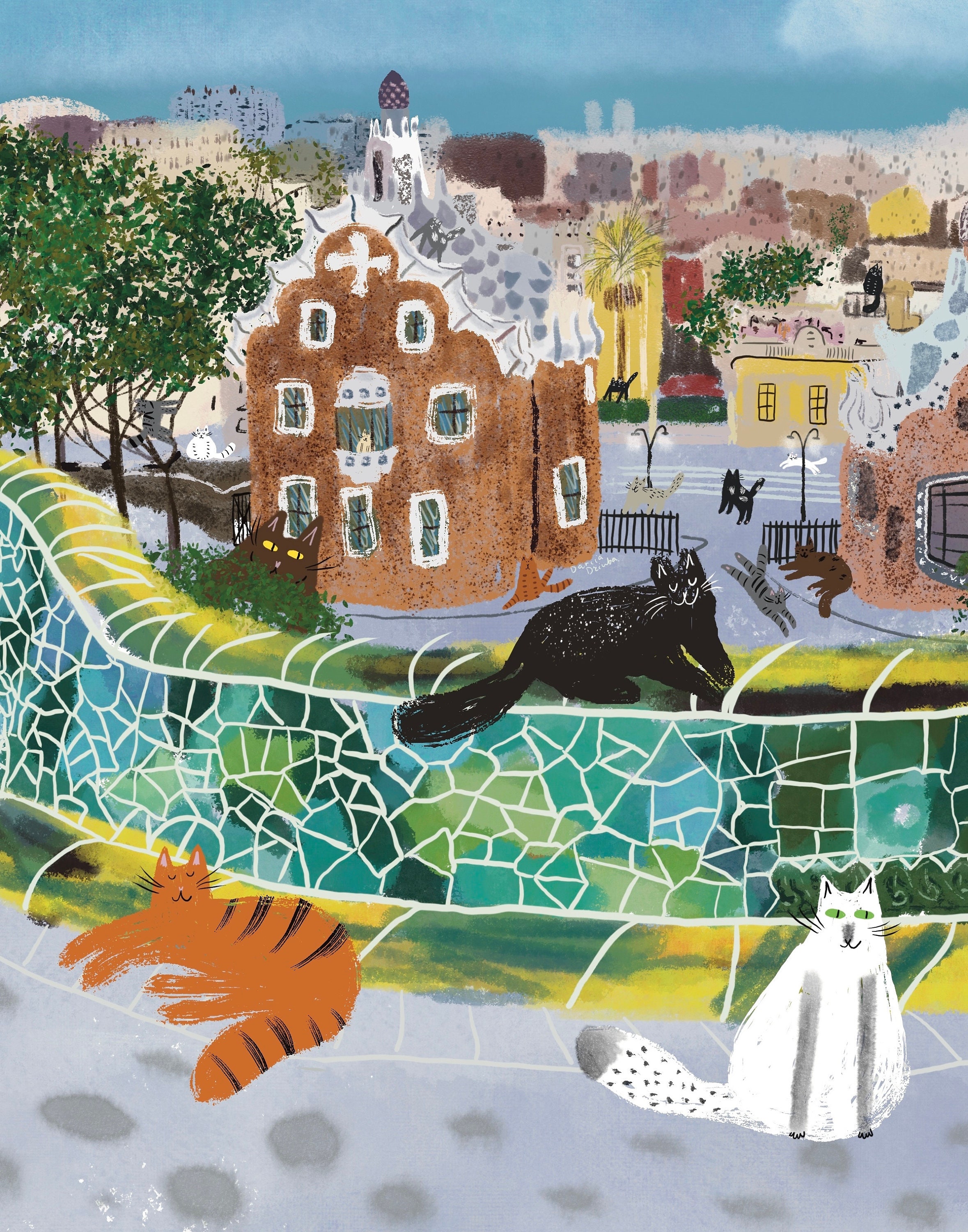 Cat Art Print: Cats in Barcelona gaudi Park Illustration Artwork - Etsy