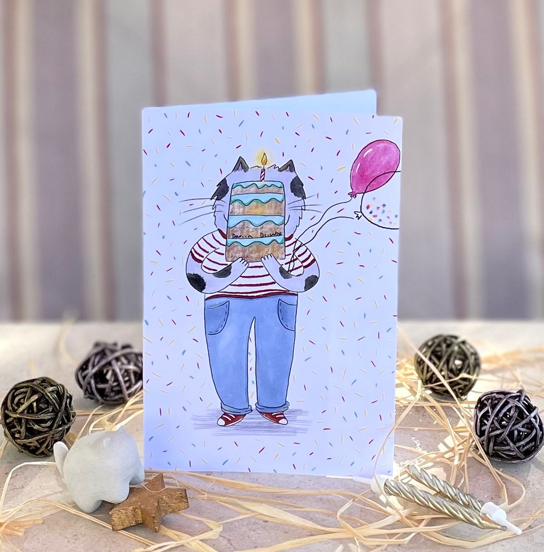 Vertical Birthday Card Cat With Cake and Balloons/ Greeting Card/ Blank ...