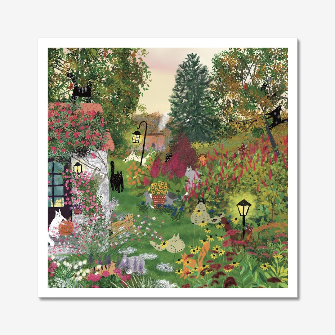 Unframed Charming Cat Garden Art Print – Cottage Garden With Cats ...