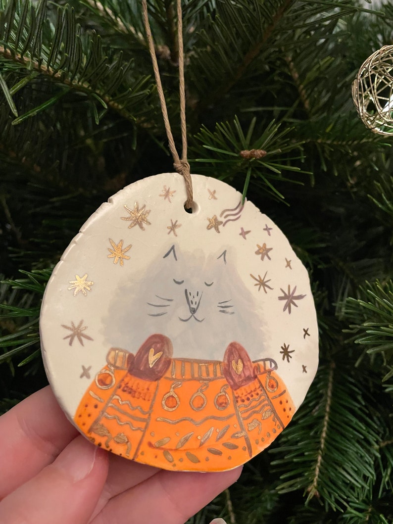 Handmade Cat Themed Ceramic Christmas Ornament/ Cat in Sweater Ceramic ...