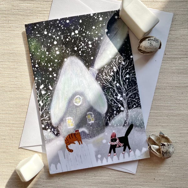 Starry Winter Night and Cozy Village Greeting Card Christmas and New Year Peaceful Holiday Scene ...