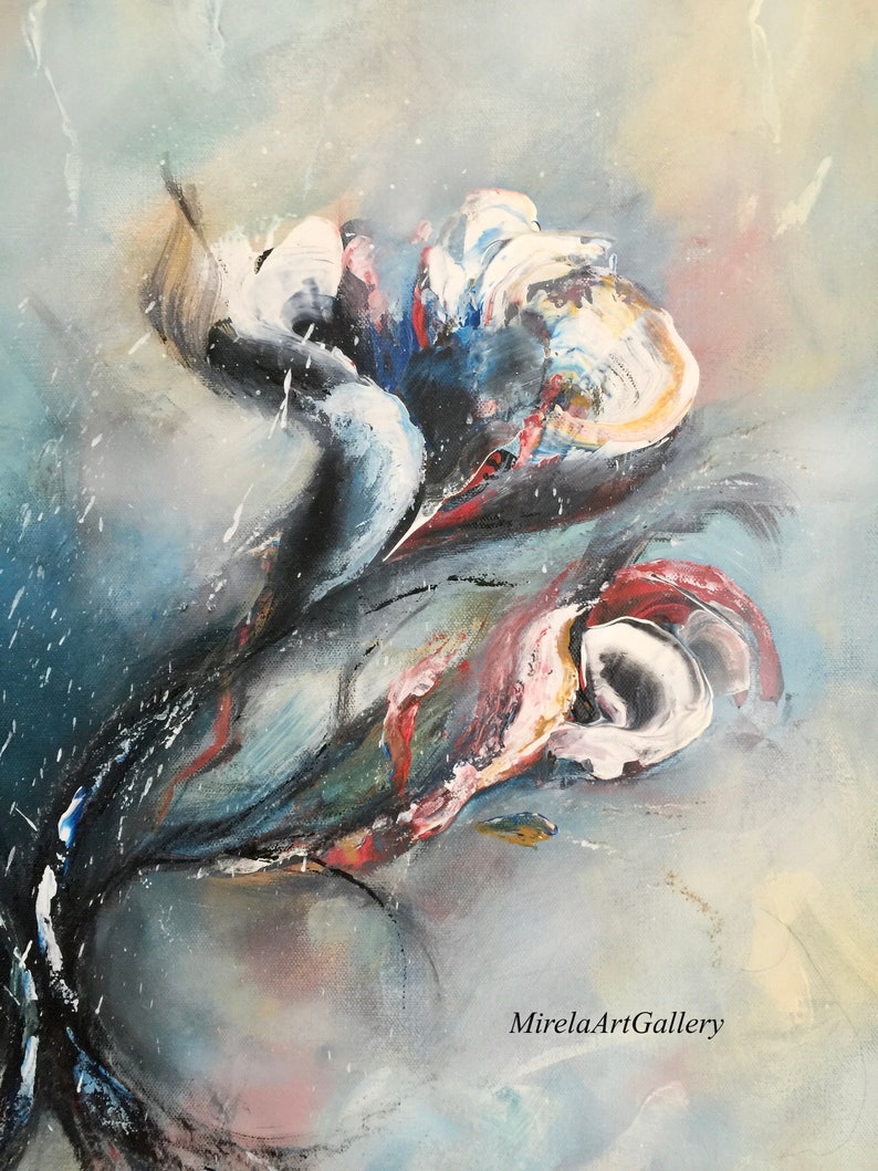 Original Horizontal Abstract Painting Colorful Flowers, Modern Hand ...