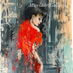Original Abstract Painting, Woman in Red Figure Fine Art, White Acid ...