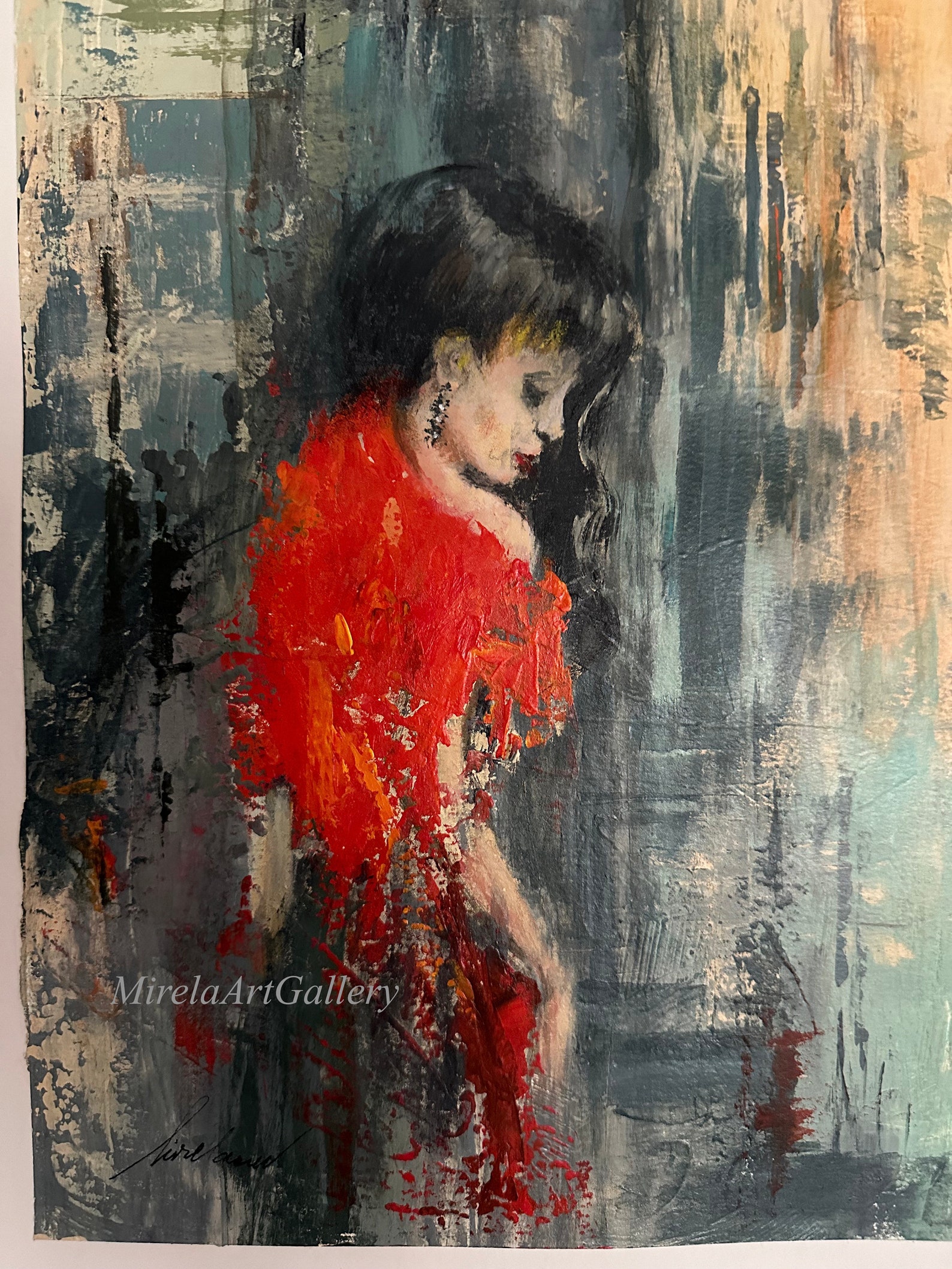 Original Abstract Painting, Woman in Red Figure Fine Art, White Acid ...