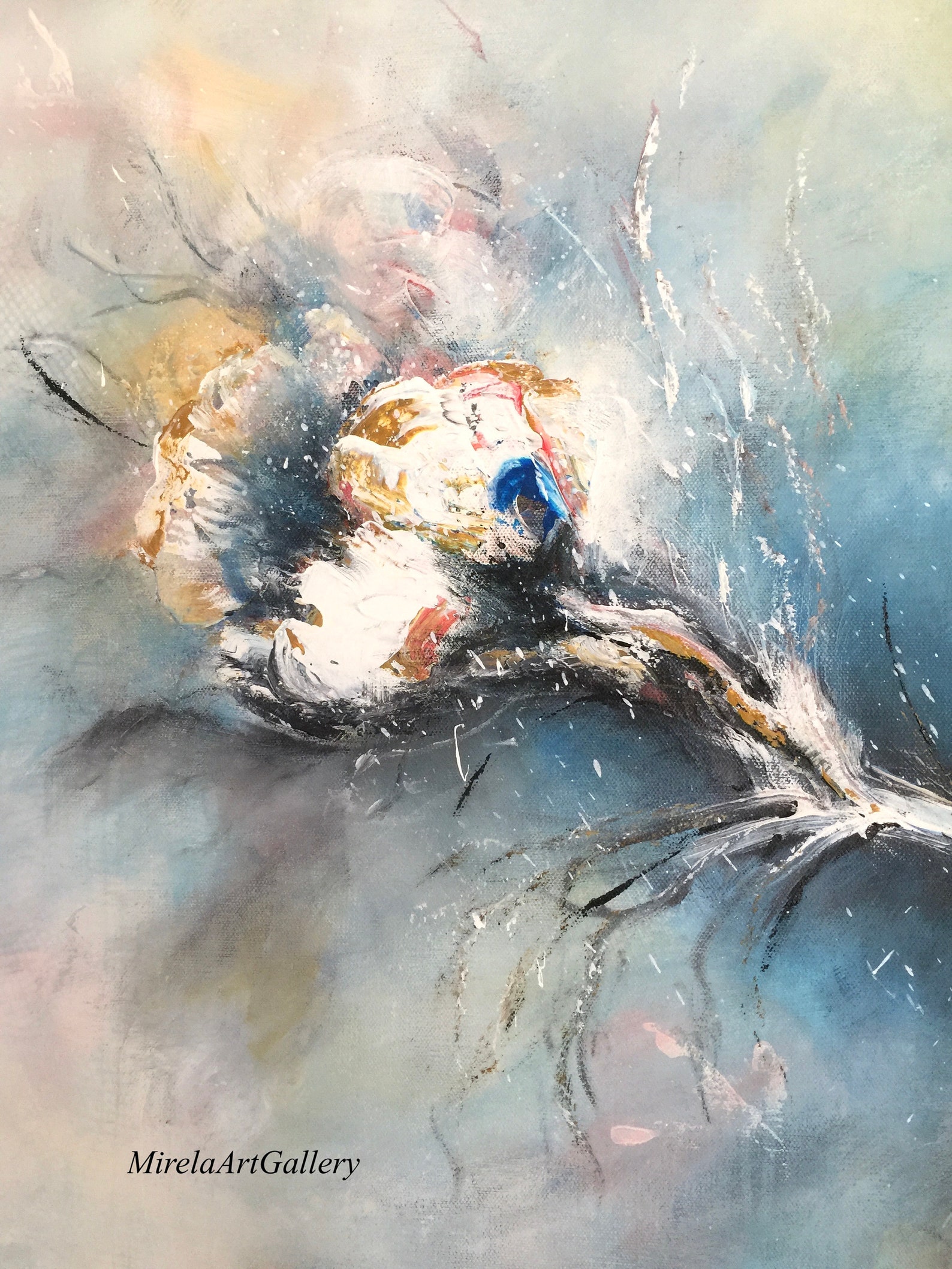 Original Horizontal Abstract Painting Colorful Flowers, Modern Hand ...