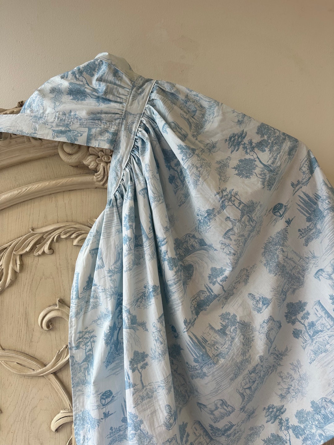 Toile De Jouy Gathered Retro Apron, Cottage Core Fine Cotton Canvas ...