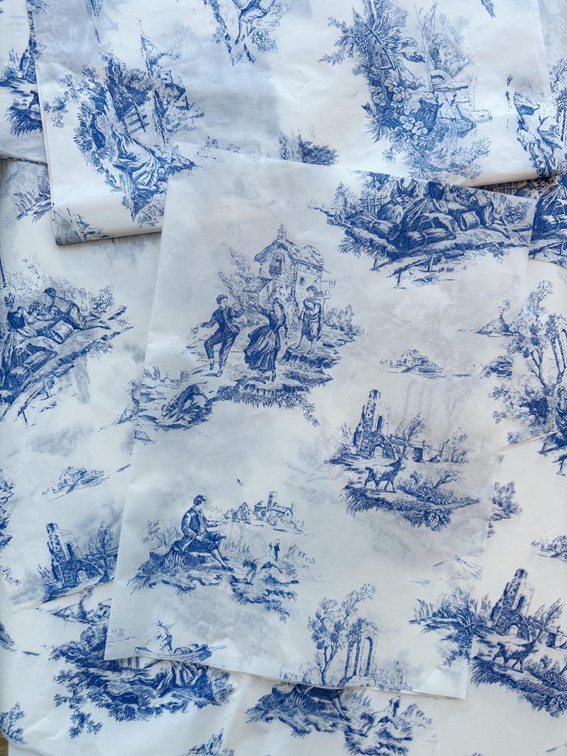 Blue Toile De Jouy Semi Sheer Tissue Paper 19.5x14, for Decor Gift Wrap ...