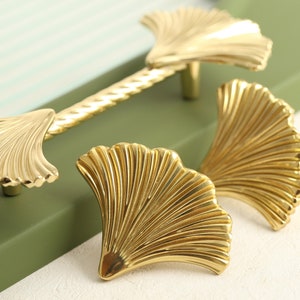 Solid Brass Ginkgo Drawer Pull Knob Leaf Cabinet Handle Dresser Knob Custom Engrave Cupboard ...