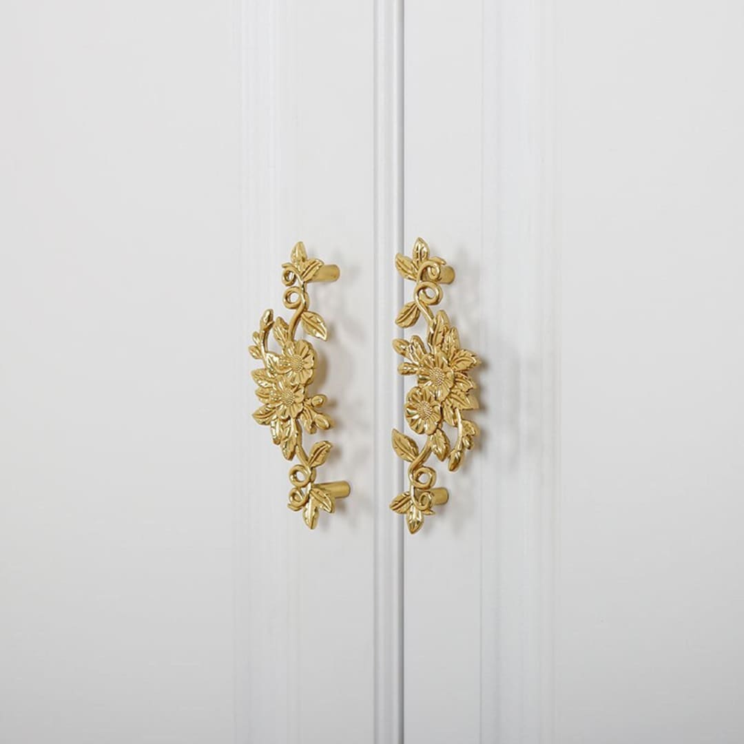 Flower Brass Cabinet Pulls Handles Cupboard Kitchen Cabinet Dresser Art ...