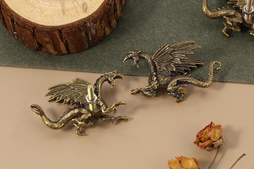 Golden Brass Flying Dragon Drawer Handle Dresser Knob Dinosaur Cabinet ...