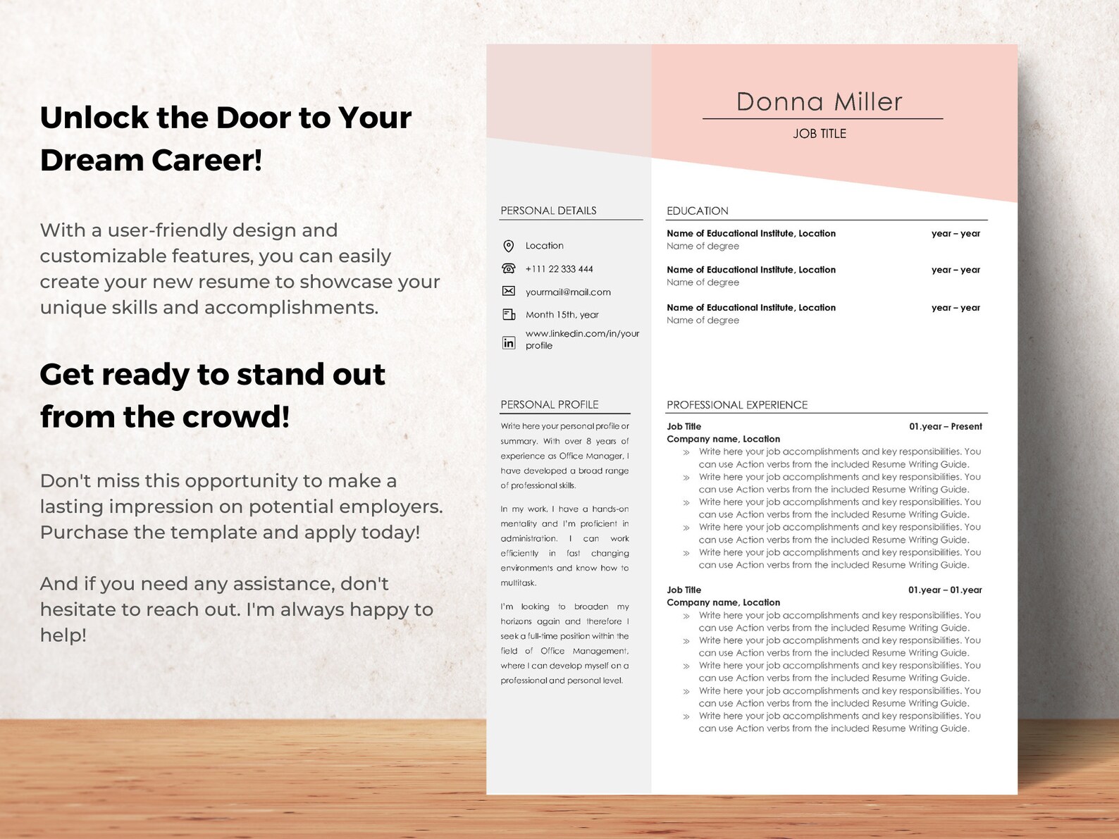 Pink Resume Template and Cover Letter Template for Microsoft Word | CV ...