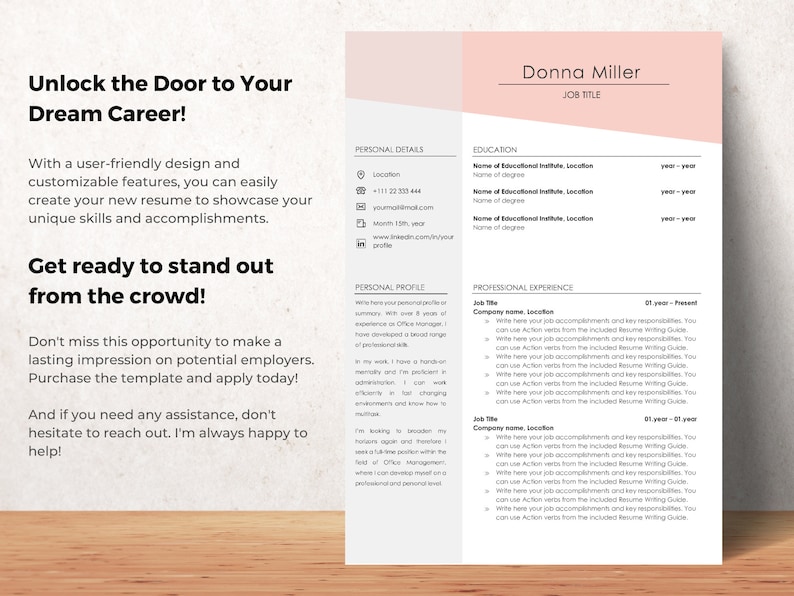 Pink Resume Template and Cover Letter Template for Microsoft Word | CV ...