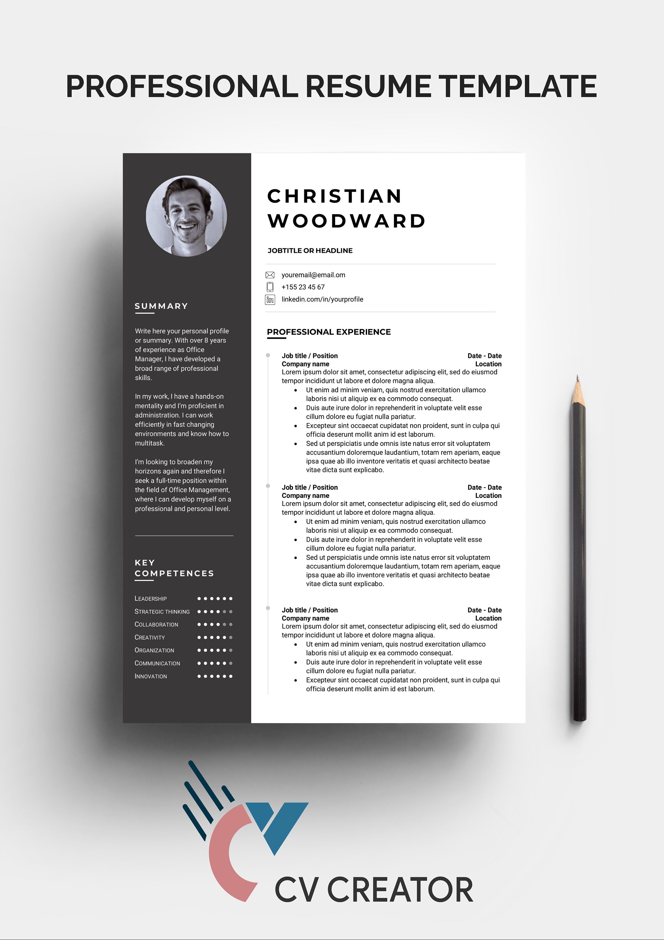 Modern Resume Template & Cover Letter: Professional CV (microsoft Word ...