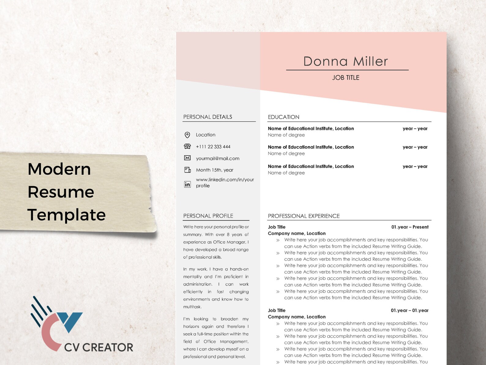 Pink Resume Template and Cover Letter Template for Microsoft Word | CV ...