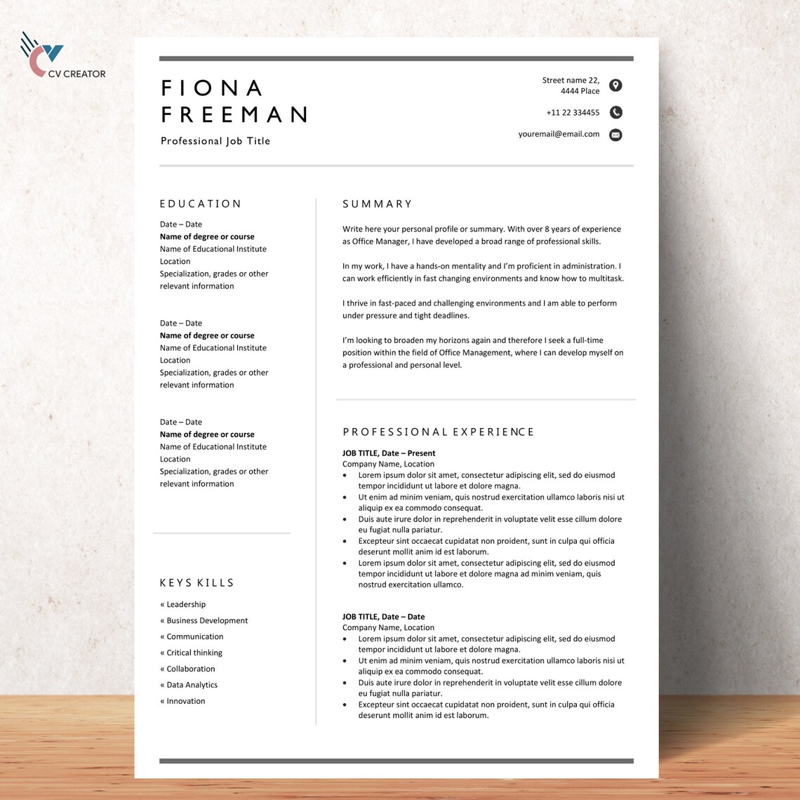 Modern Resume Template & Cover Letter for Microsoft Word (digital ...