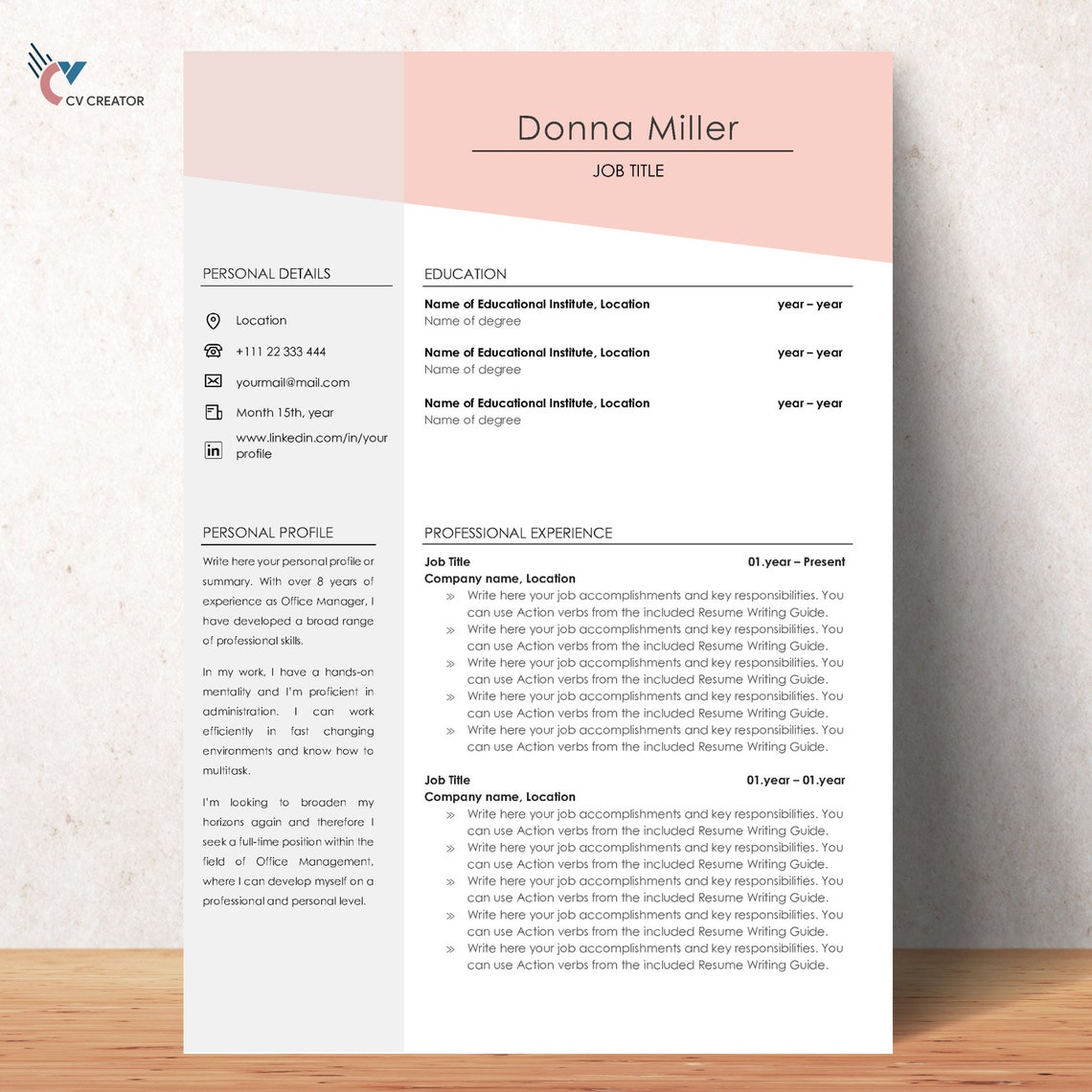 Pink Resume Template and Cover Letter Template for Microsoft Word CV ...