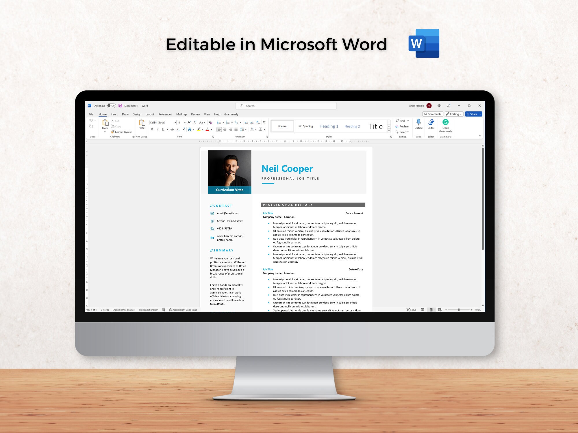 Modern Resume Template & Cover Letter: Professional CV (microsoft Word ...