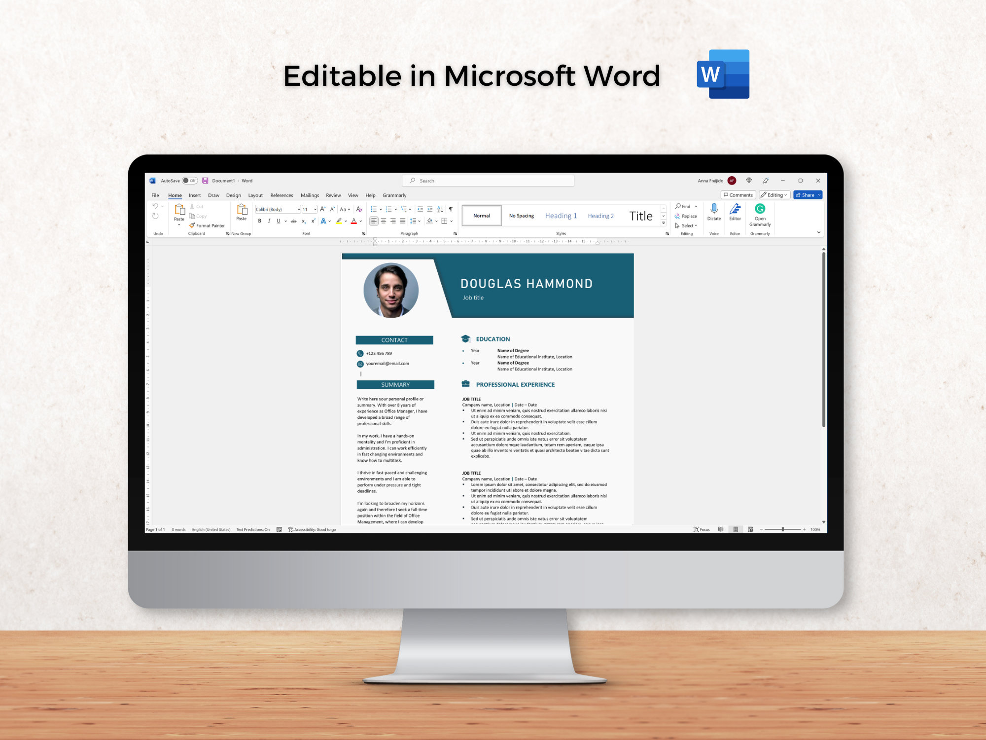 Modern Resume Template & Cover Letter: Professional CV (microsoft Word ...