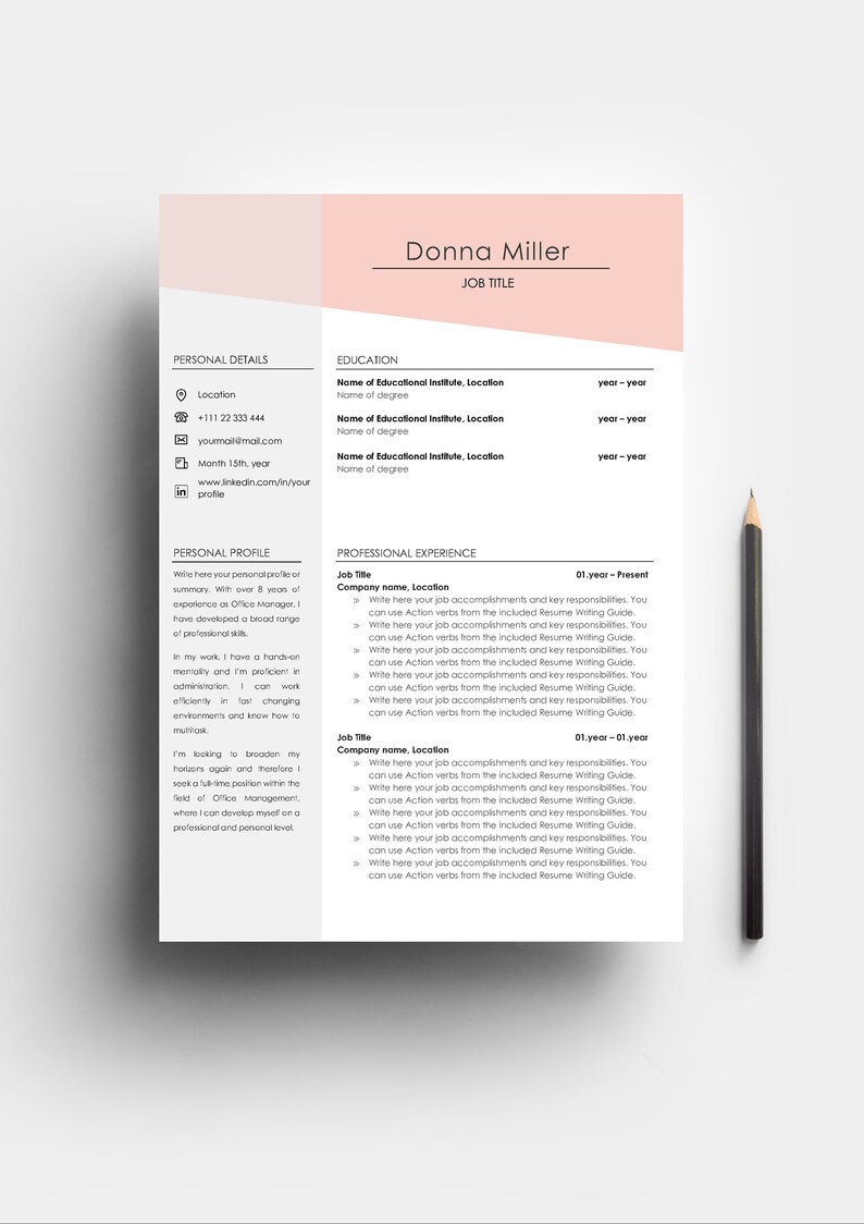 Pink Resume Template and Cover Letter Template for Microsoft - Etsy