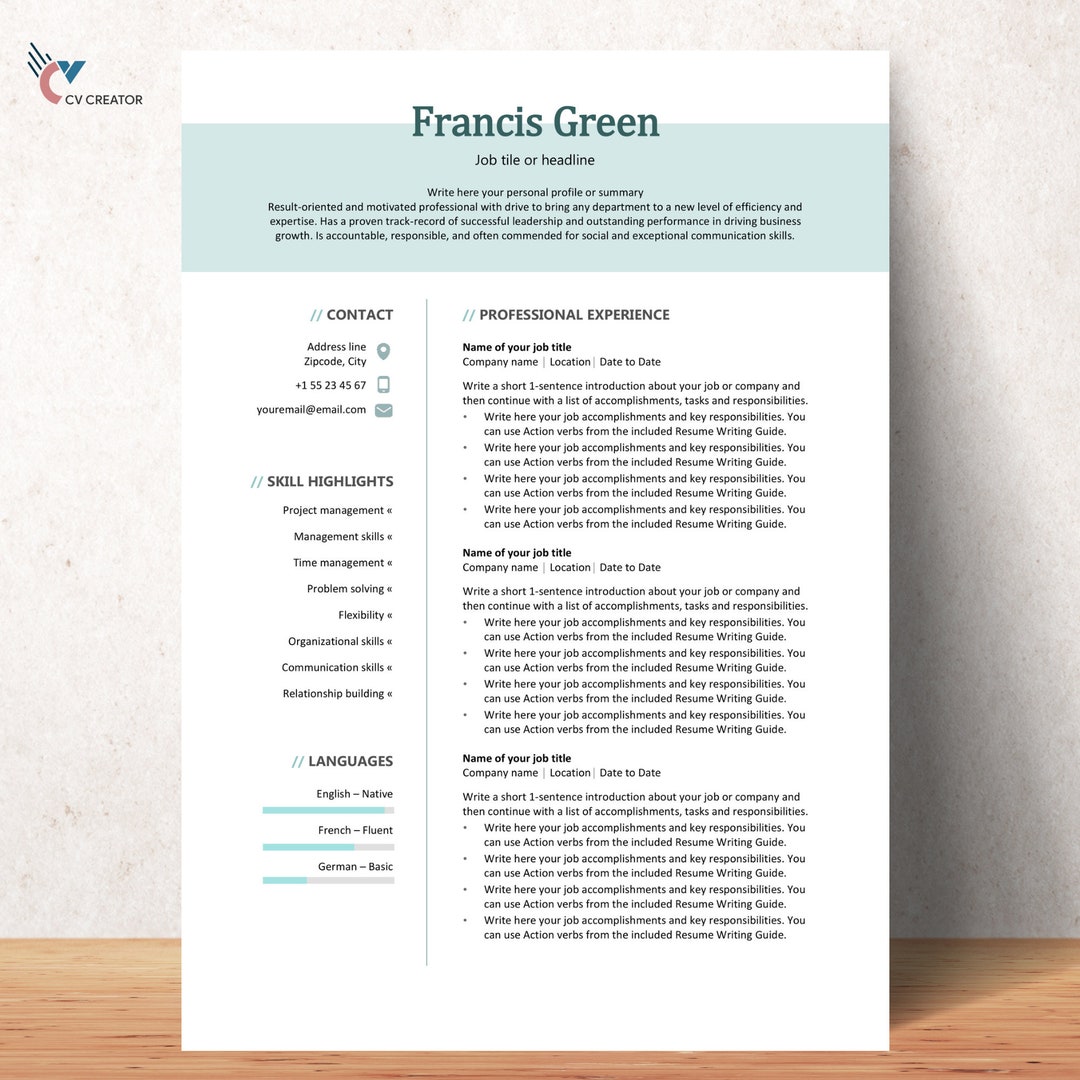 Modern Resume Template: Professional CV & Cover Letter (microsoft Word ...