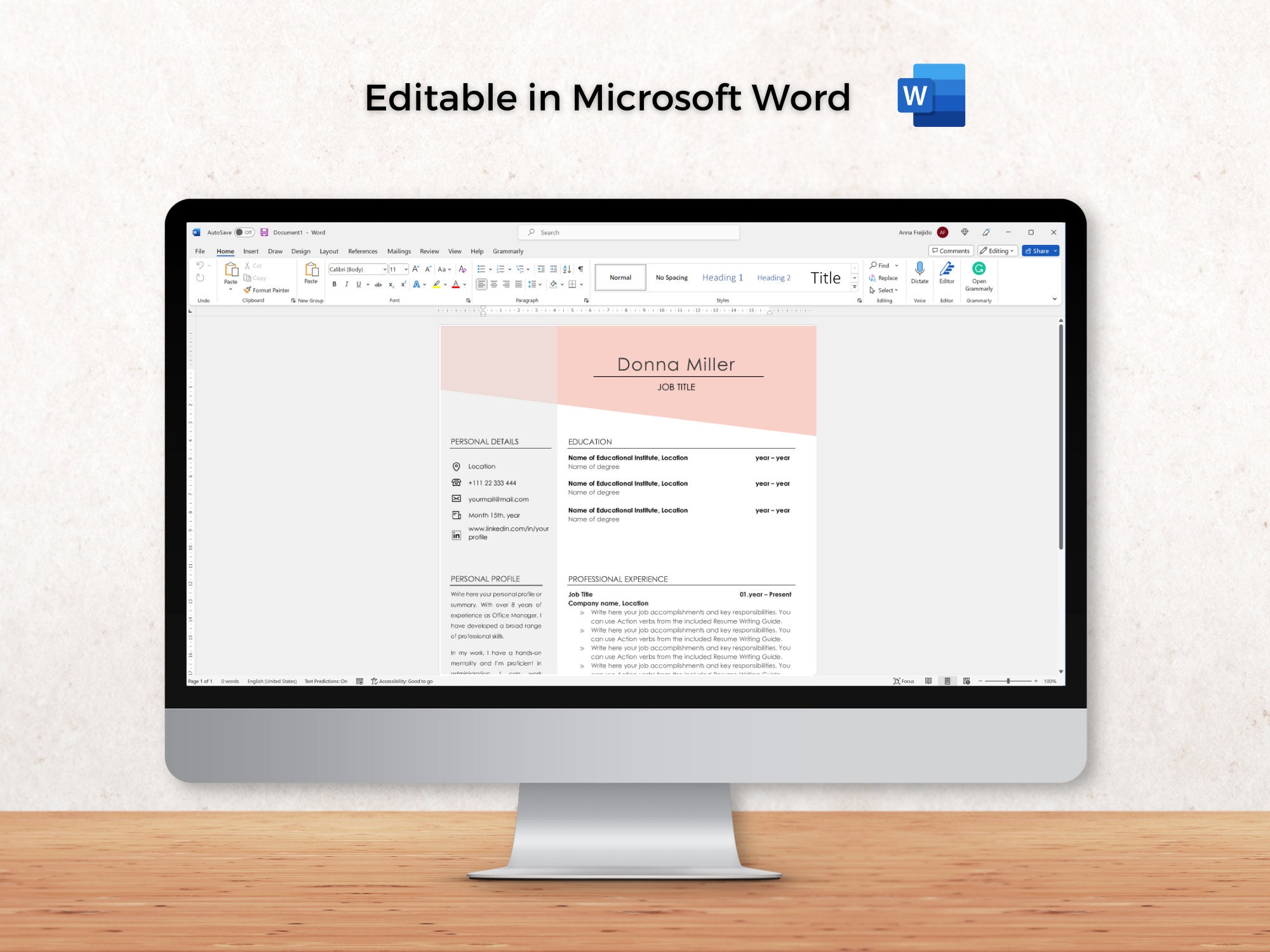 Pink Resume Template and Cover Letter Template for Microsoft Word CV ...