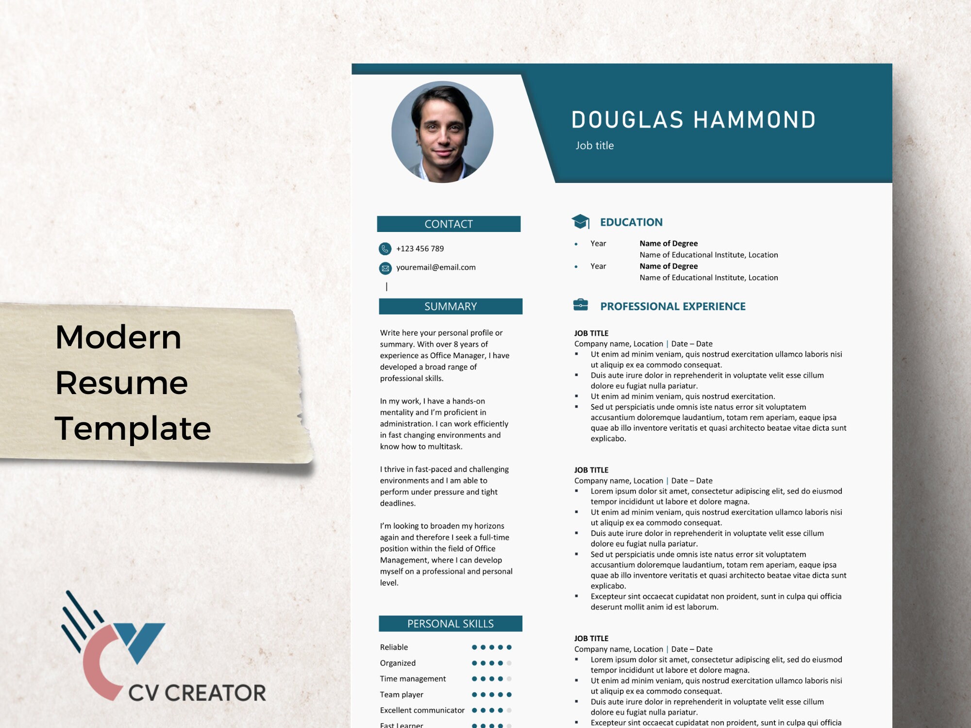 Modern Resume Template & Cover Letter: Professional CV (microsoft Word ...