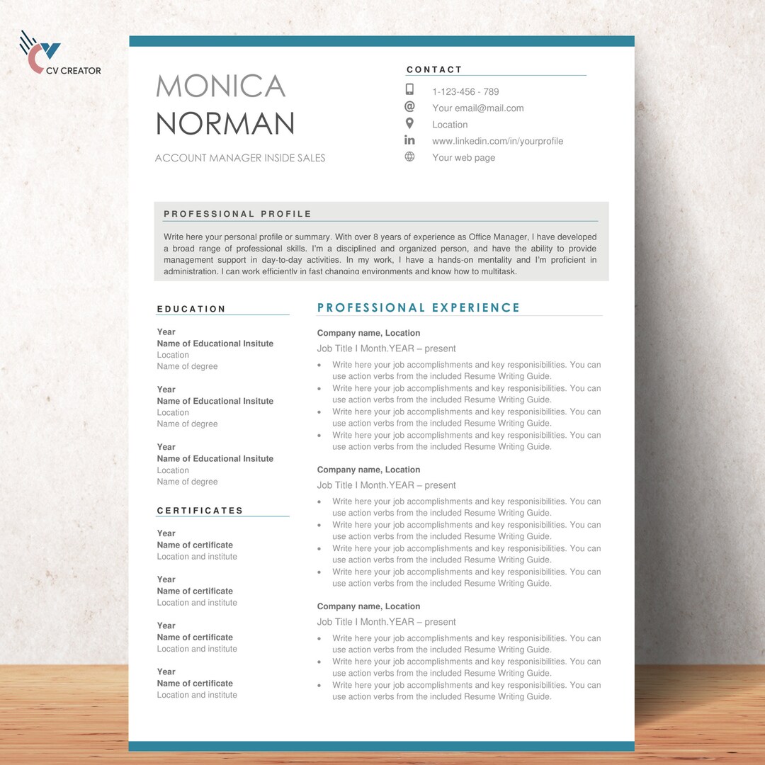 Modern Resume Template & Cover Letter: Professional CV Design (word) - Etsy