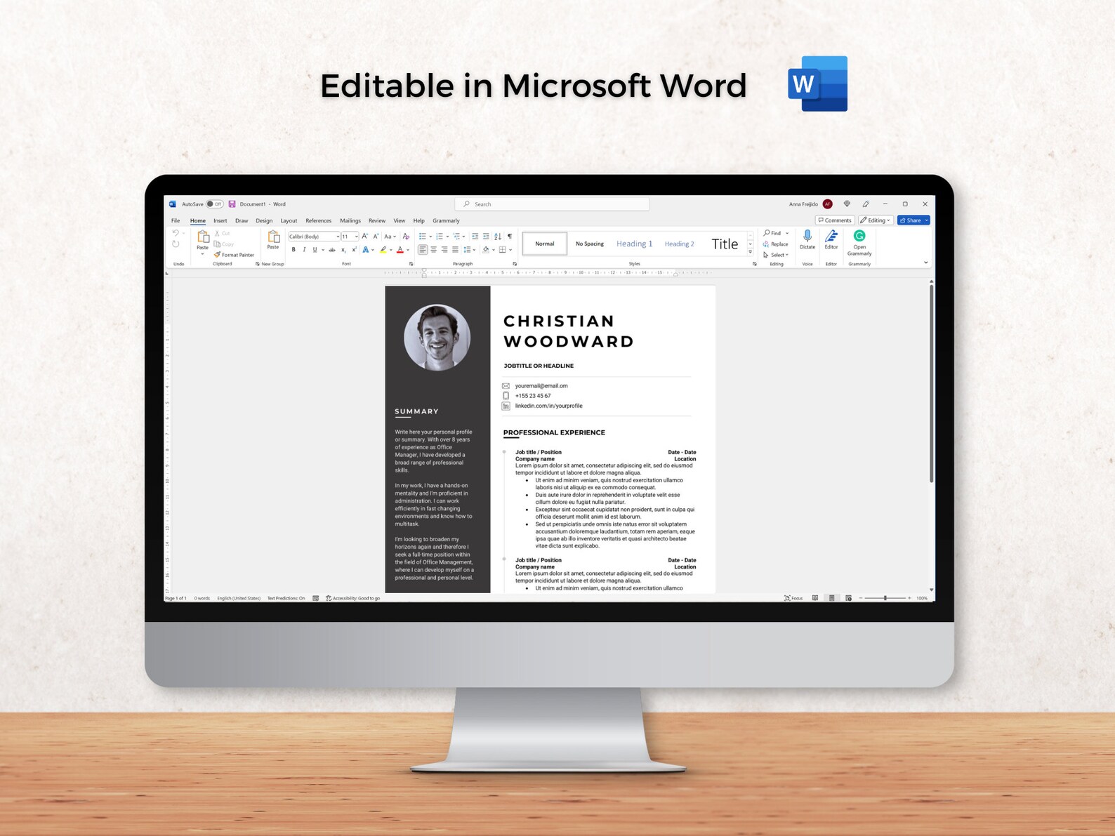 Modern Resume Template & Cover Letter: Professional CV (microsoft Word ...